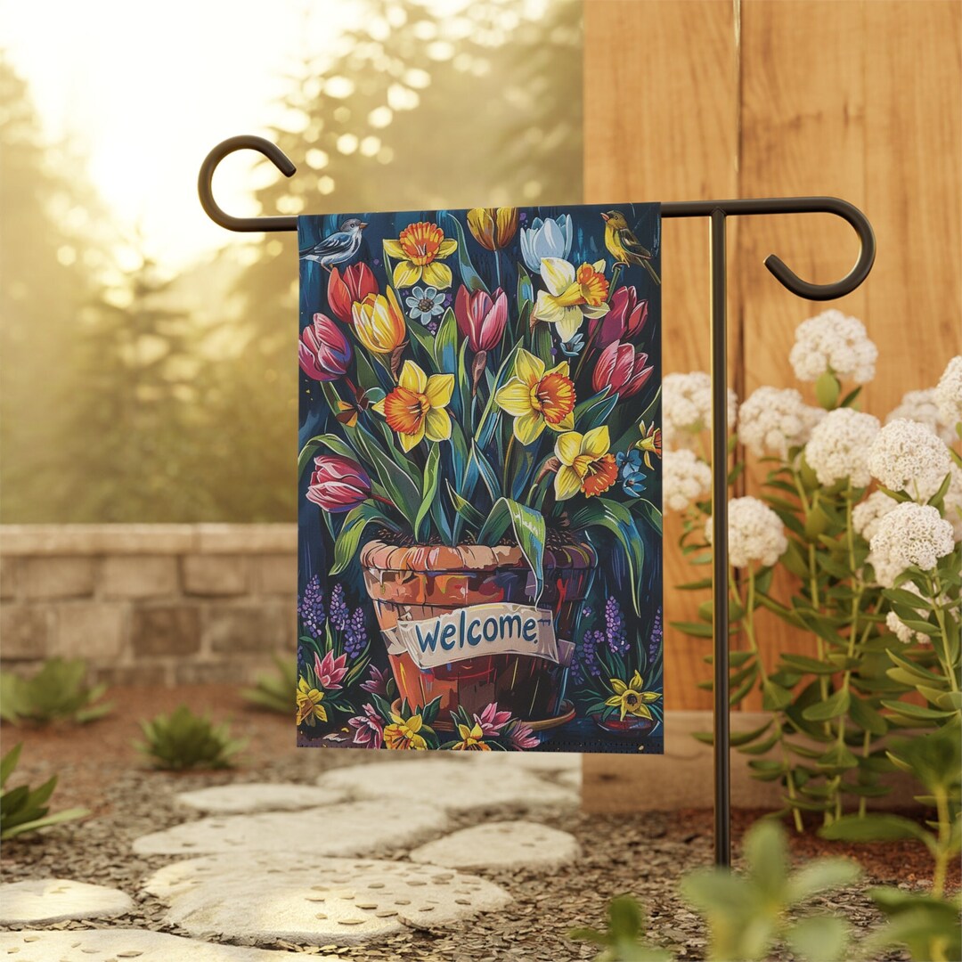 Colorful Spring Flowers in Flowerpot Garden Flag With Bird Accents ...