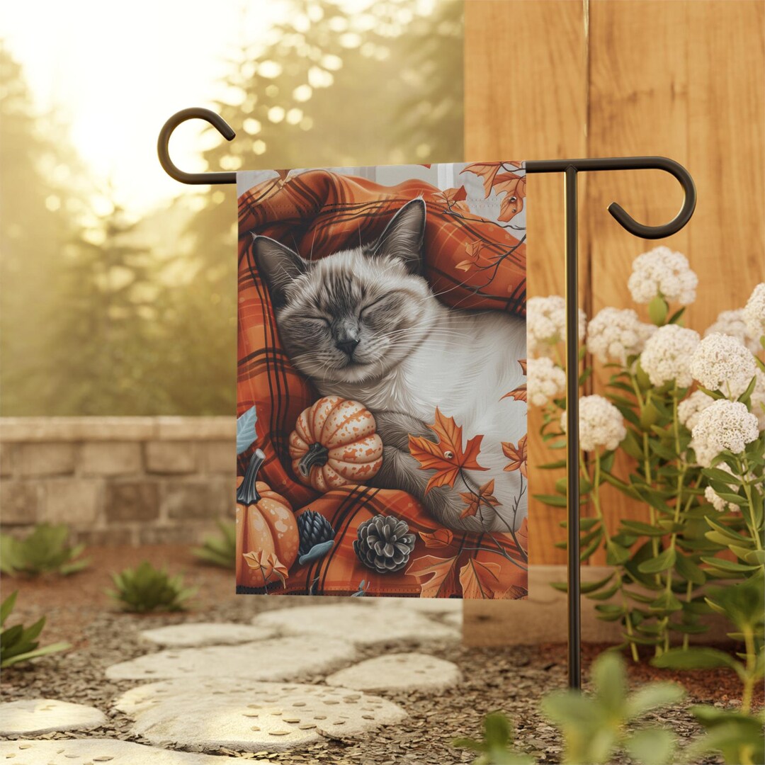 Fall Harvest Siamese Cat Outdoor Flag - Cute Napping Kitty, Small ...