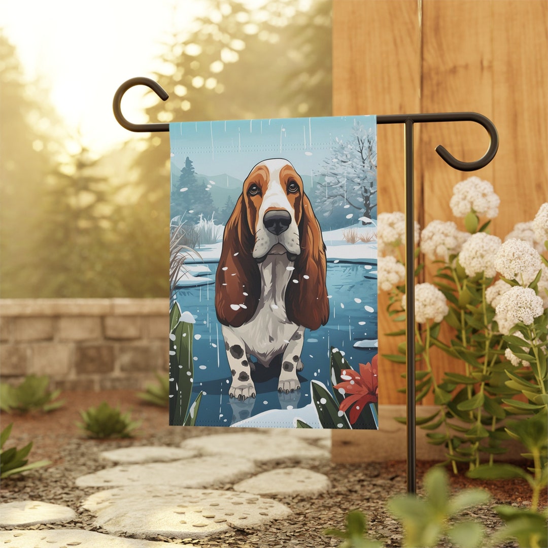 Charming Winter Basset Hound Garden Flag, Outdoor Decor, Yard Art, Lawn ...