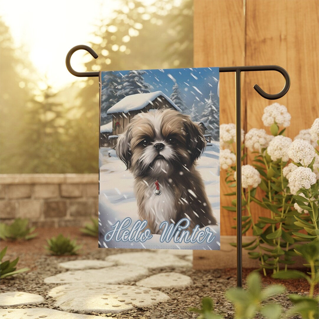 Winter Wonderland Shih-tzu Garden Flag - Cute Dog in Snowy Garden Scene ...