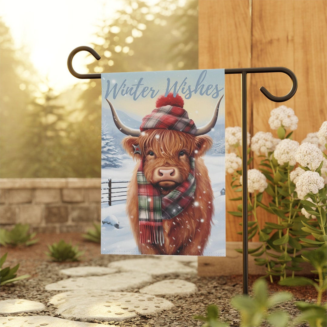 Fluffy Highland Cow Yard Flag, Winter Wishes, Garden & House Banner ...