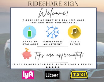 Uber, Lyft, Taxi, Rideshare Welcome Tip Review Sign for Guest Riders ...