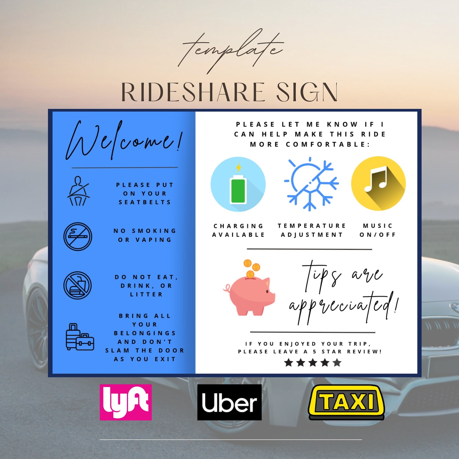 Uber, Lyft, Taxi, Rideshare Welcome Sign for Guest Reviews | Instant ...