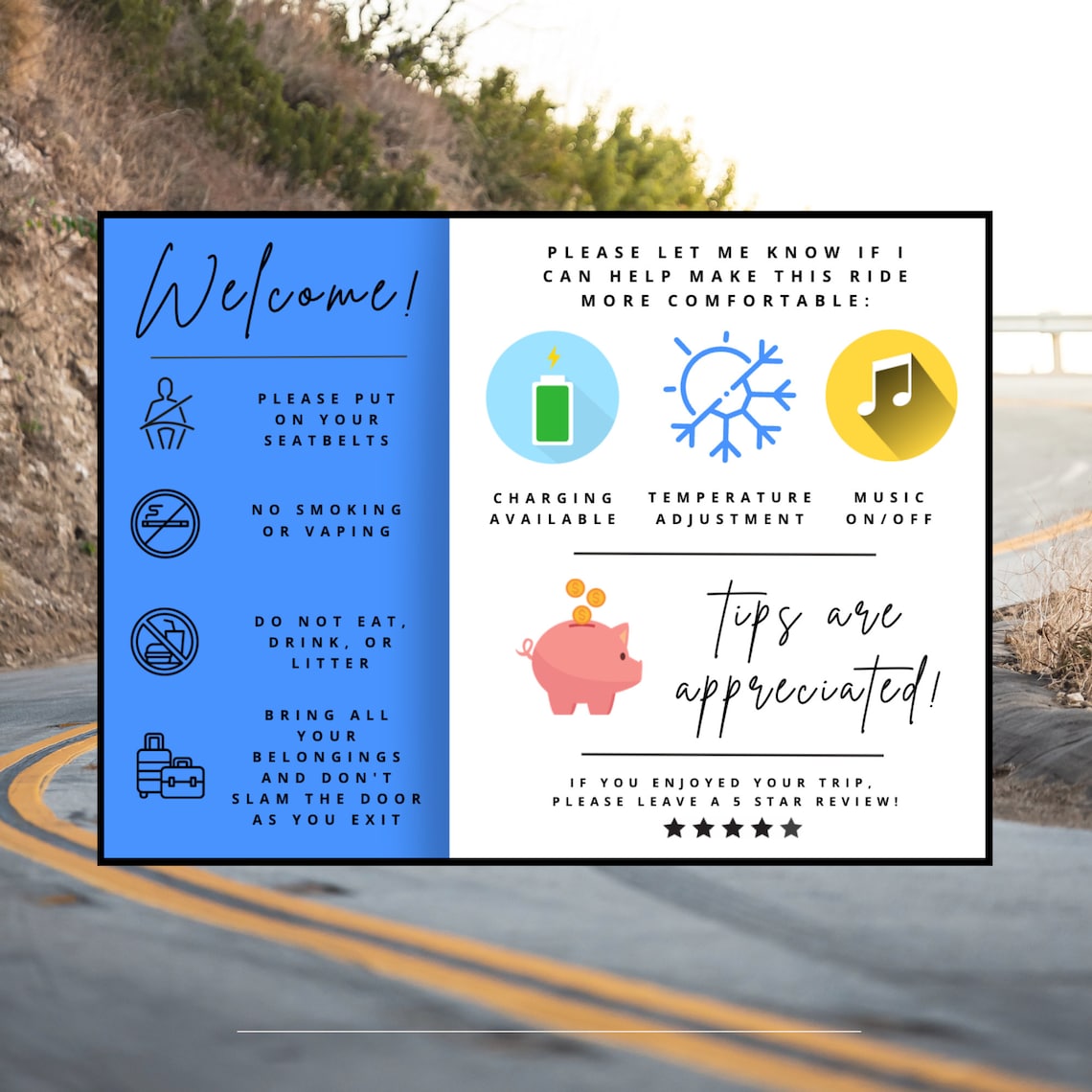 Uber, Lyft, Taxi, Rideshare Welcome Sign for Guest Reviews | Instant ...