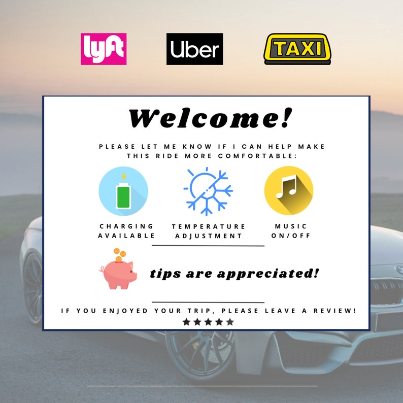 Uber, Lyft, Taxi, Rideshare Welcome Tip Review Sign for Guest Riders ...