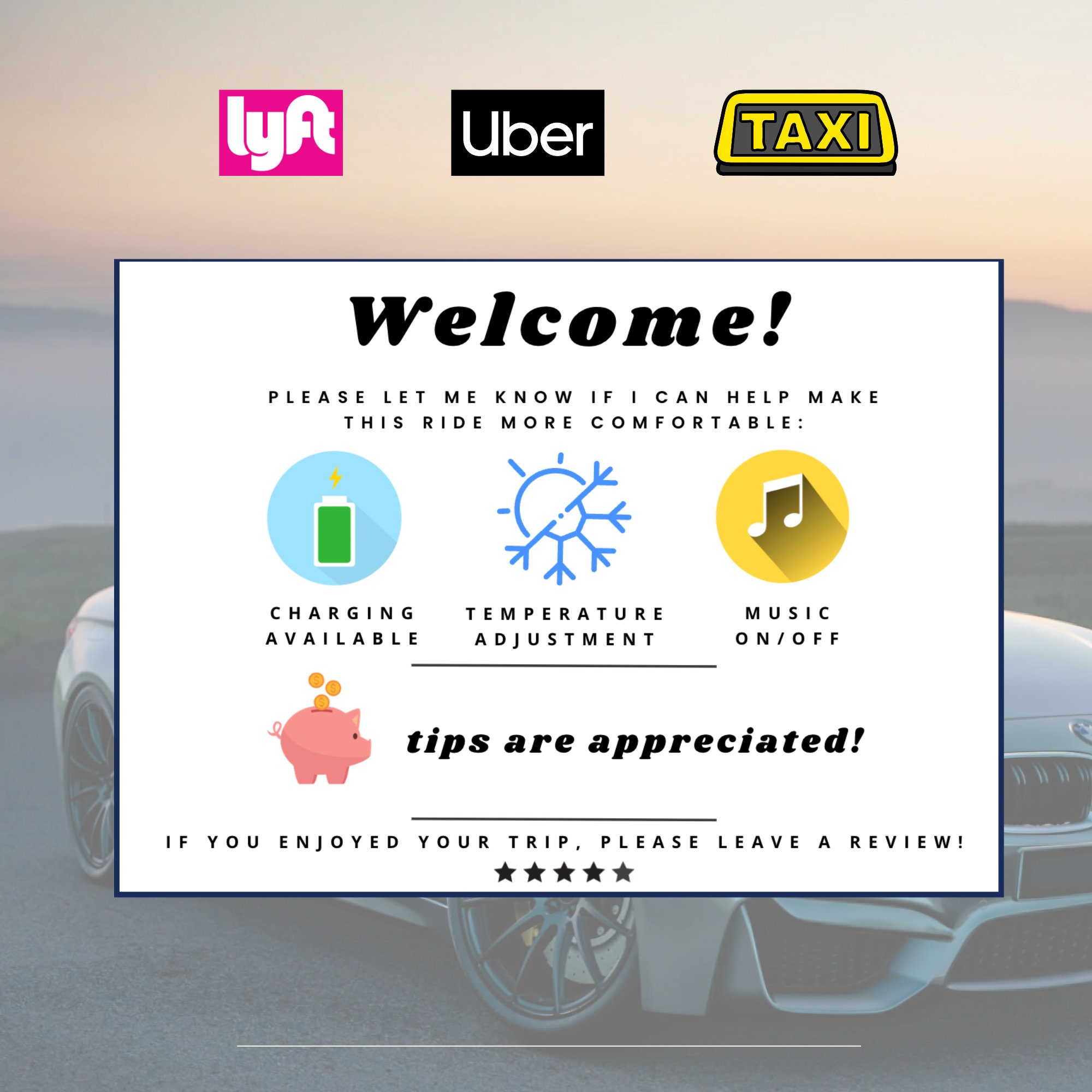 Uber, Lyft, Taxi, Rideshare Welcome Tip Review Sign for Guest Riders ...