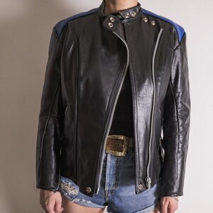 1970's Manx Leathers Logo Biker Jacket Vintage Black Blue Leather Colorblock Biker Jacket W ...