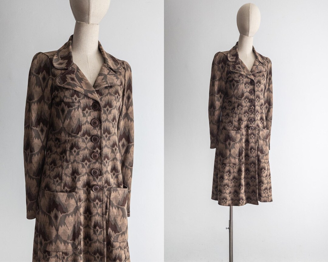 Vintage 1970s BIBA Jacket Dress, Bargello Knit Coat, Mocha Mousse ...