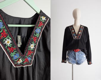 Black Velvet Folk Popover Shirt 80's Vintage Austrian Peasant Folklore ...
