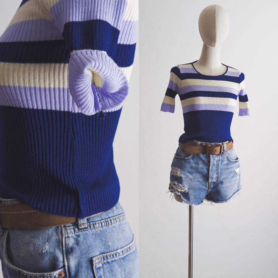 70s Mod Rib Knit Tee Top—midnight Blue/lavender/cloudwhite, Horizontal ...