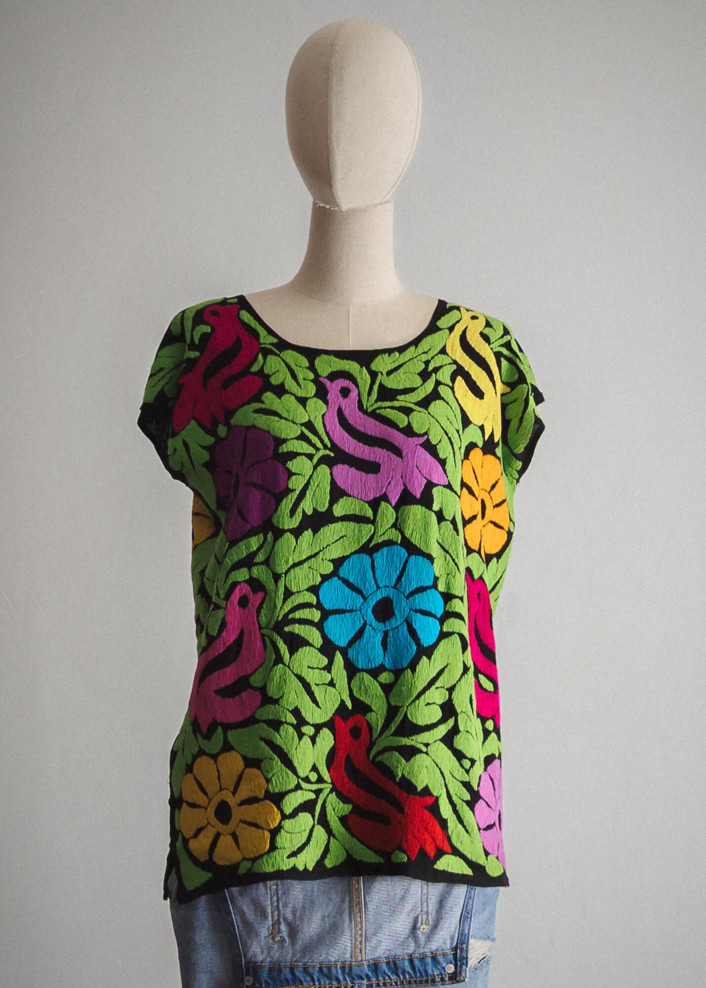 Jalapa Mexican Huipil Blousy Top Fully Embroidered Designs of Colorwork ...