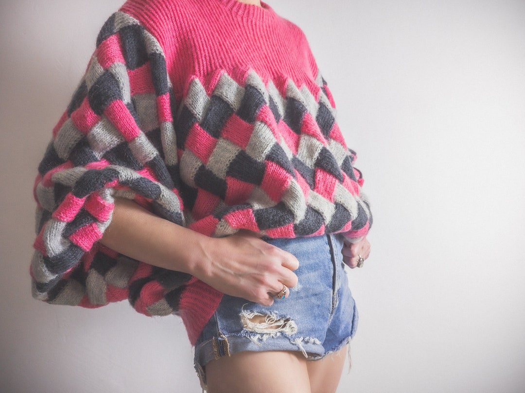 Checkered Knit Sweater Balloon Sleeve Knit Check Jumper - Etsy