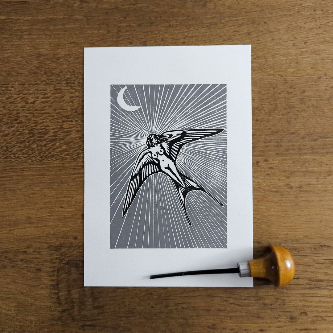 Flying Bird Woman Nu Linocut Print Original Artwork Free - Etsy