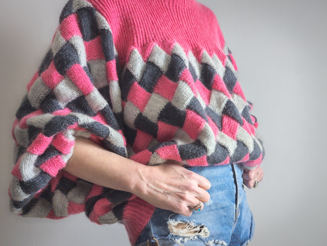 Checkered Knit Sweater Balloon Sleeve Knit Check Jumper Vintage Hand ...