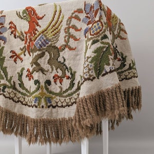Griffons Medieval Dragons Antique Embroidered Homespun Tablecloth Oval ...