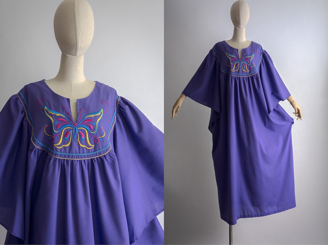 Guatemala Kaftan Maxi Mumu Dress Muumuu With Butterfly Embroidered Yoke ...