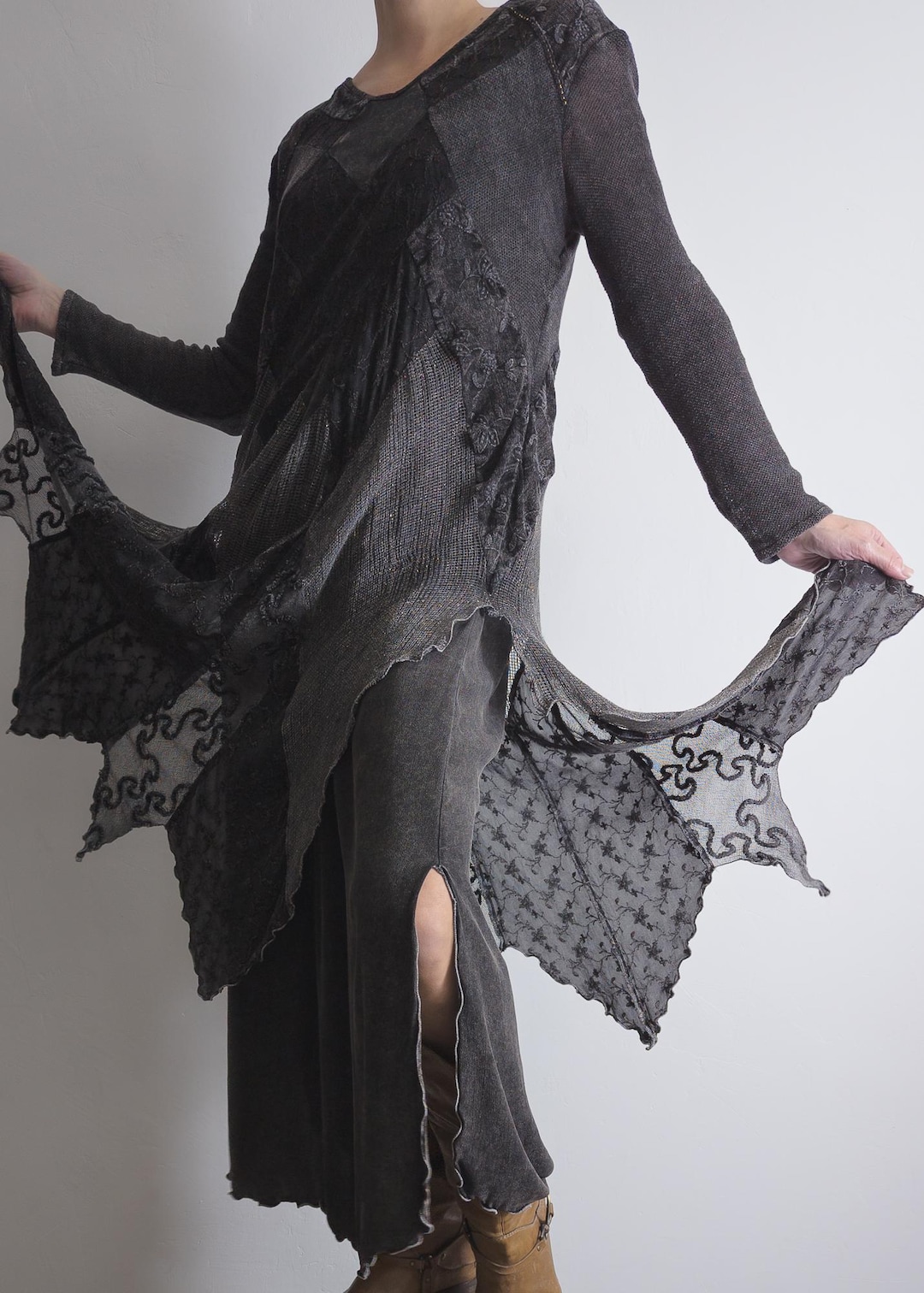 Whimsigoth Lagenlook Dress Dark Layered Kaftan Dress W/semisheer Mesh ...