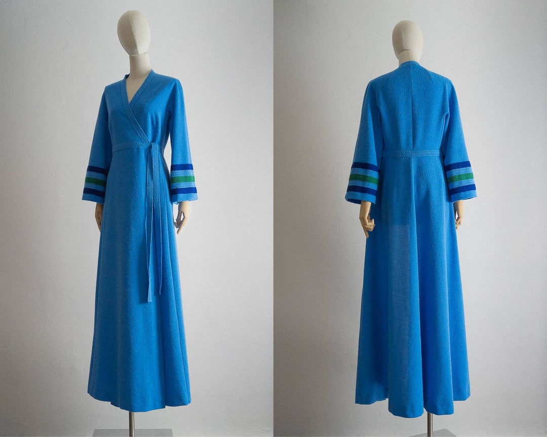 Bellsleeve Dressing Gown, Vintage 1970s Housecoat, Blue Hostess House ...