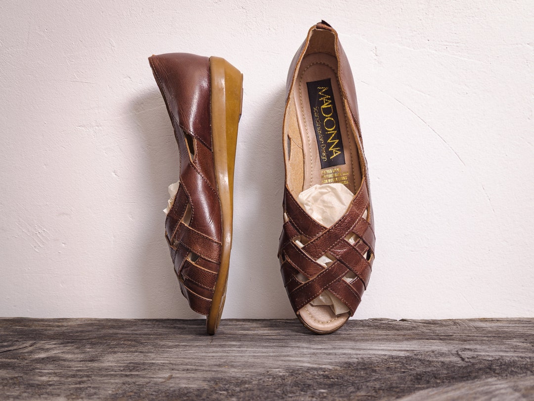 Brown Open Woven Leather Low Wedge With Peep Toe Women's Shoes Size Uk ...