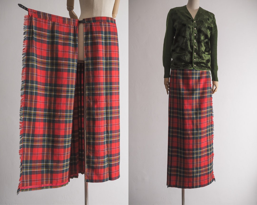 English Tartan Maxi Kilt 80s Plaid Pleated Long Wrap Skirt Wool Tweed ...