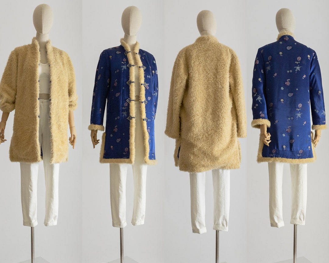 1960s Peony Brand Shanghai China Fur Lined Coat Sapphire Satin Jacket ...