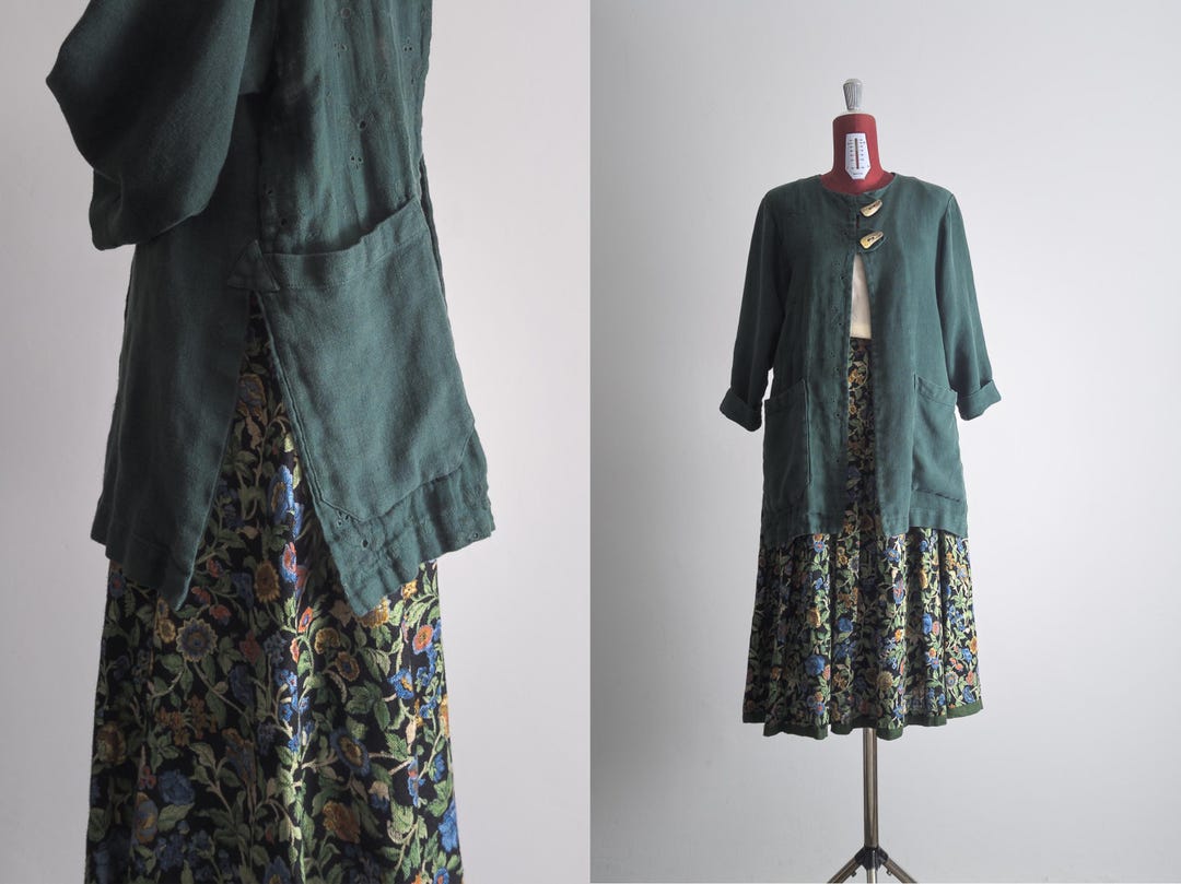 Rustic Green Linen Duster Jacket Women's Vintage Look Alpine Boho With ...