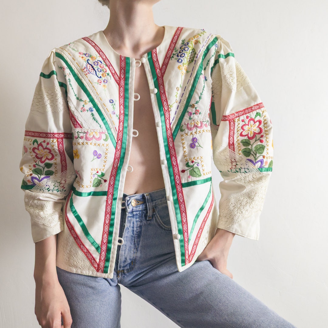 Austrian Unique Rich Embroidery Jacket Off-white Cotton, Puff Sleeves ...