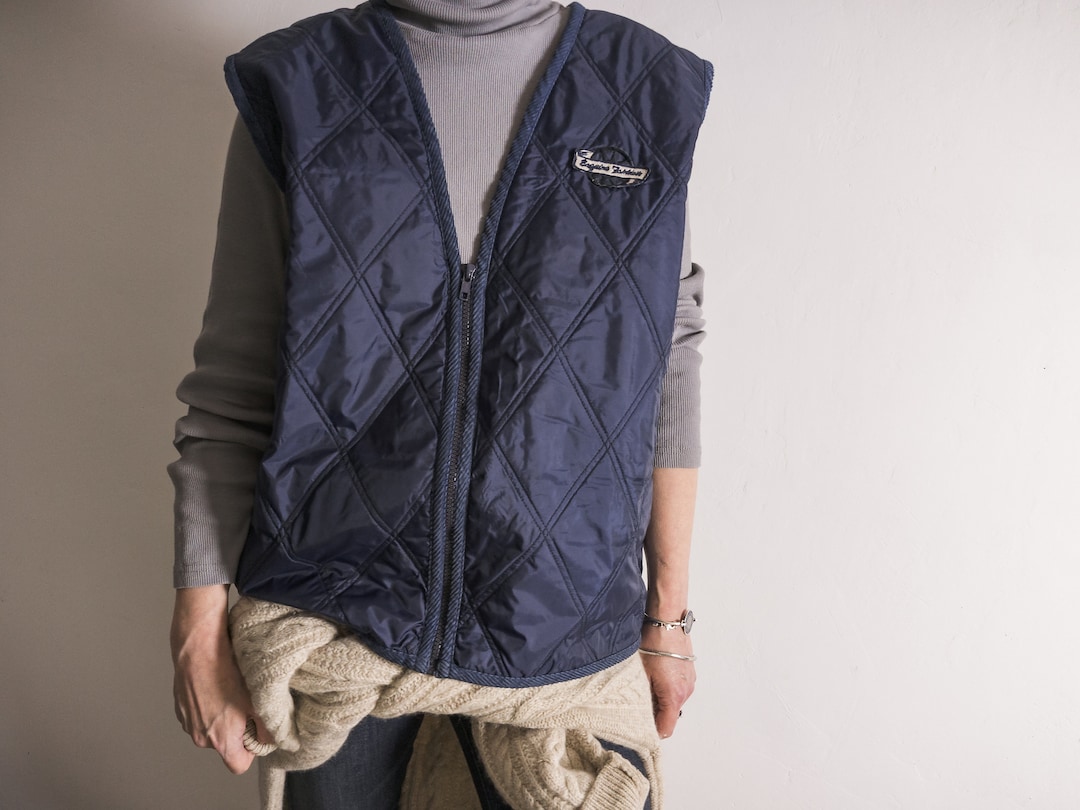 Diamond Quilted Nylon Vest Corduroy Trim in Navy Blue Vintage Men's ...