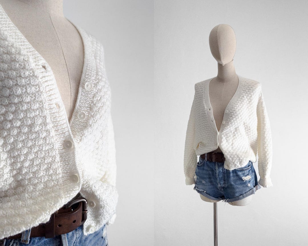 Vintage Hand Knit Snow White Cardigan Xs–s - Etsy