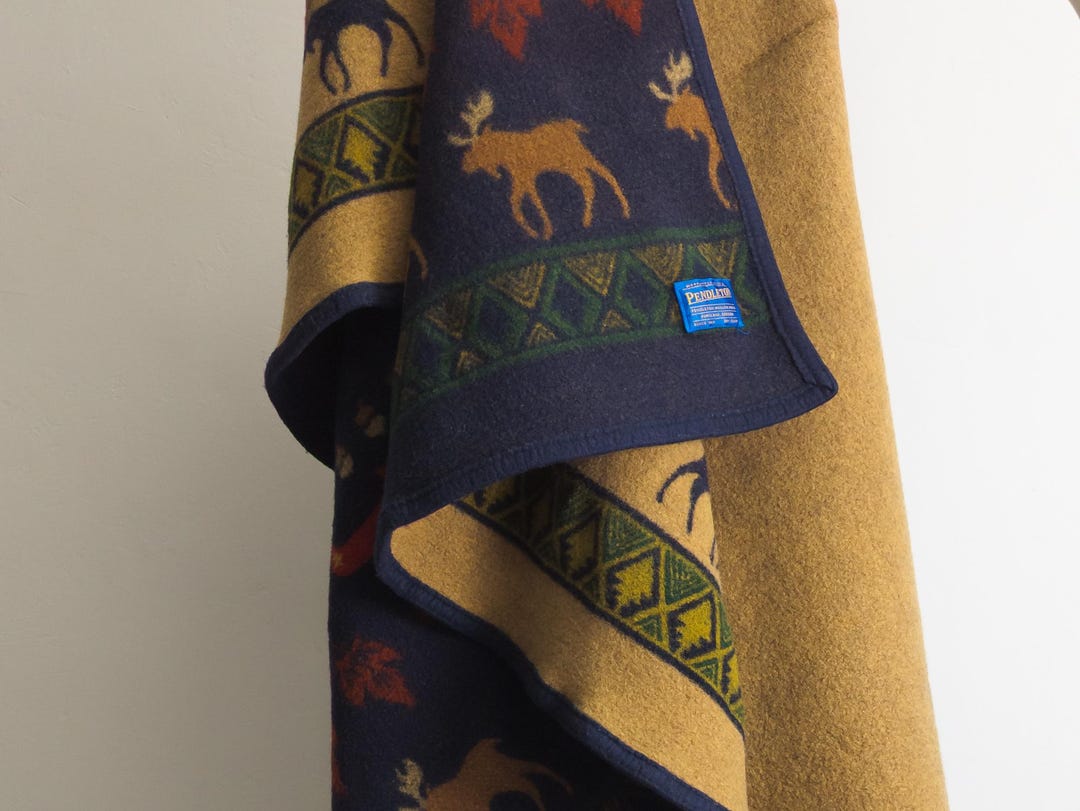 Vintage Pendleton Camp Blanket Wool/cotton Camel/midnight Moose/trees ...
