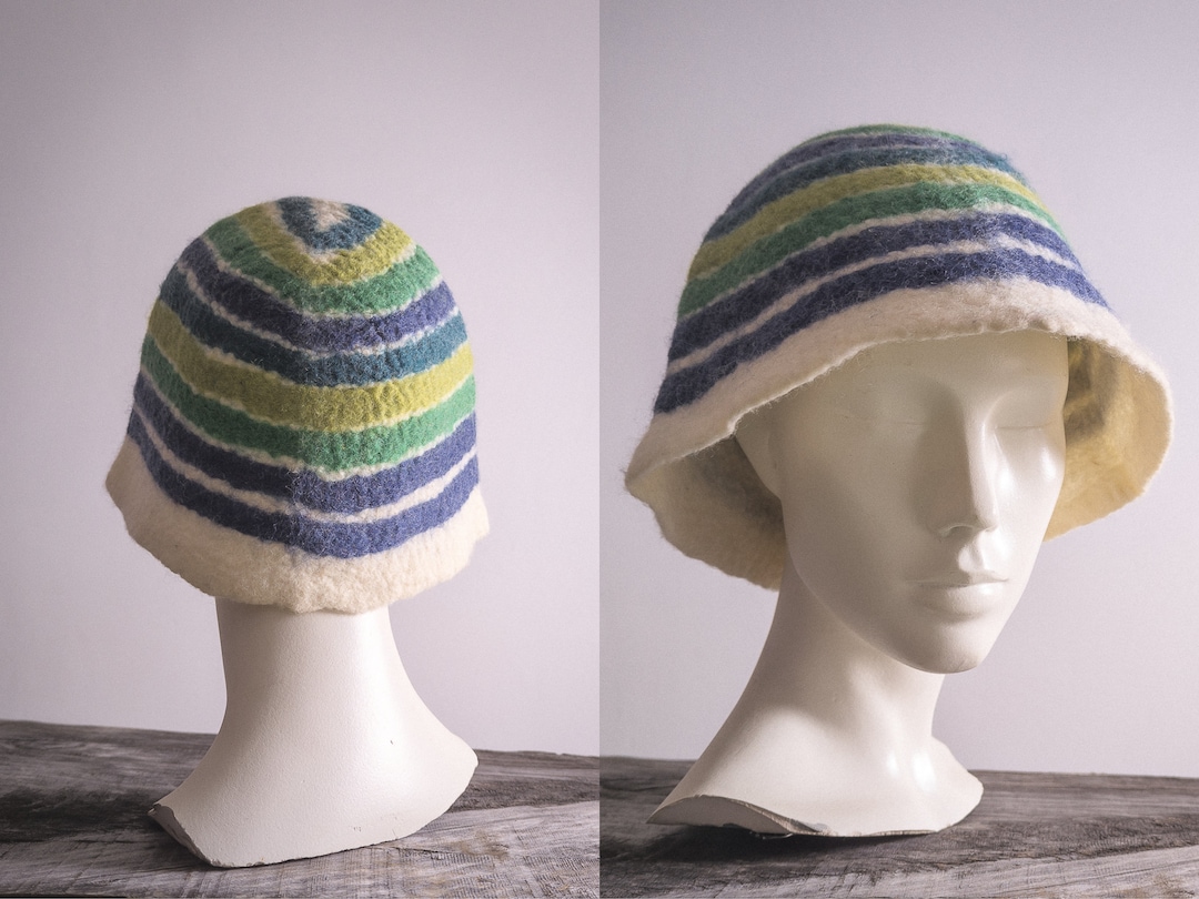 Striped Sauna Bucket Hat Bath Sauna Cap Horizontal Stripes Boiled Wool ...