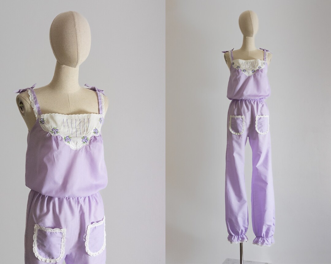 1980s Babydoll Light Violet Lounge Jumpsuit, Tie Shoulder, Embellished ...