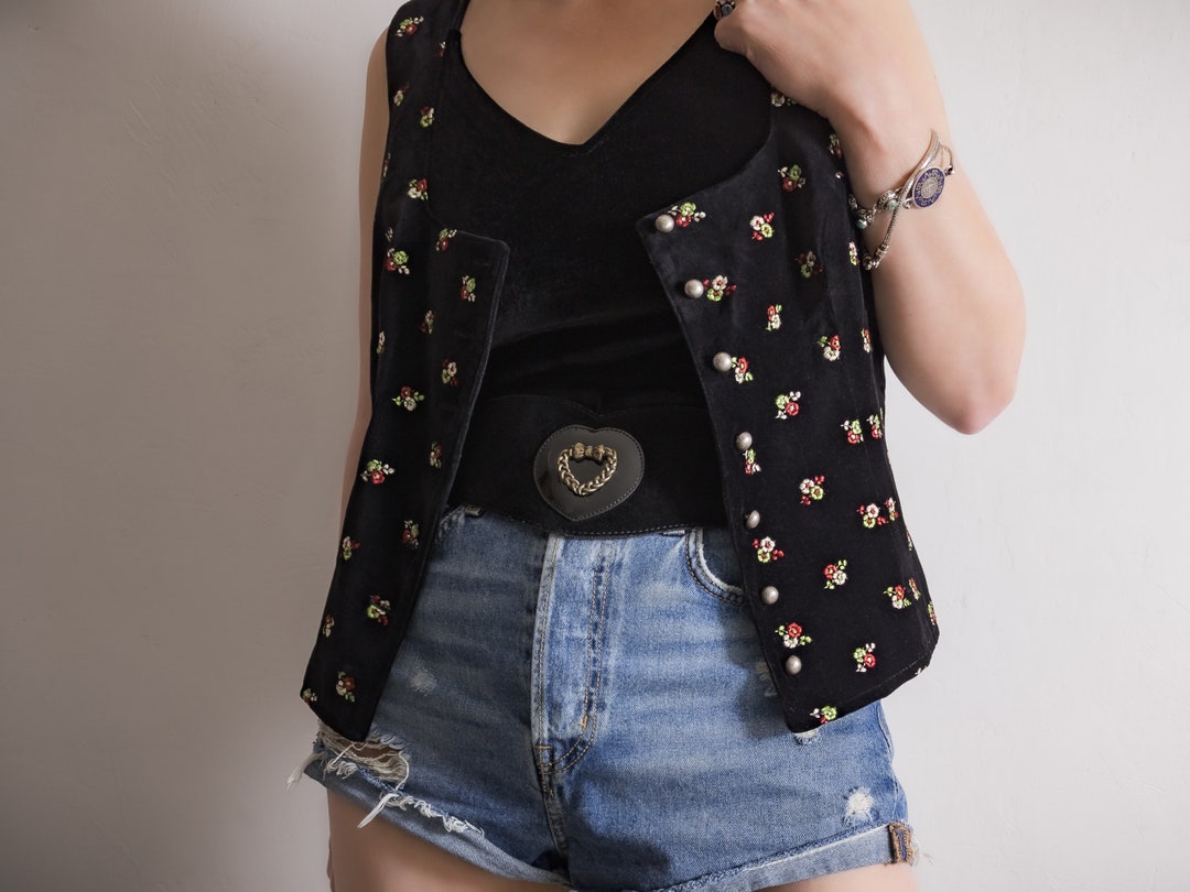 Black Velvety Bodice Vest Vintage 1990s 2000s, Small Floral Machine ...