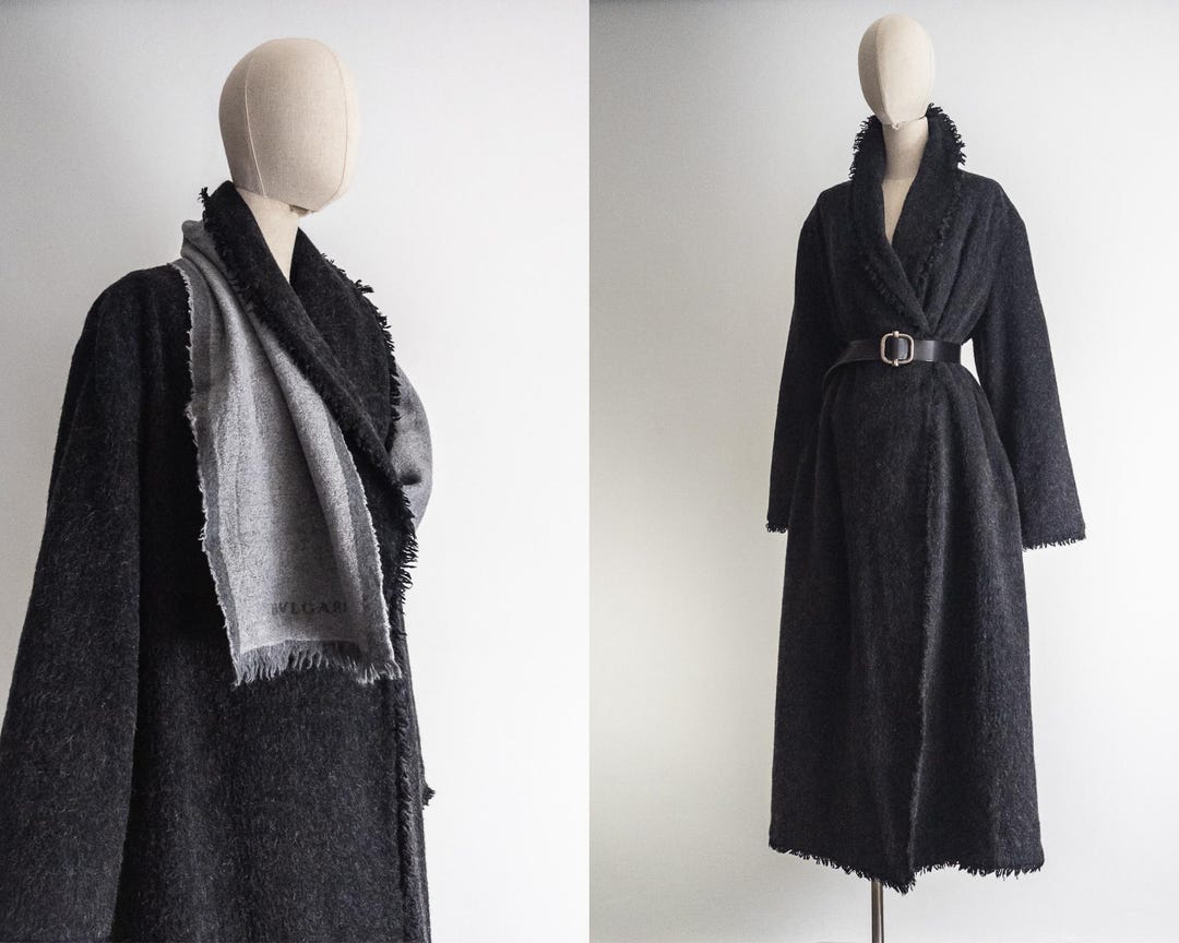 Vintage Soft Wool Fringled Duster Wrap Coat - Heather Charcoal ...