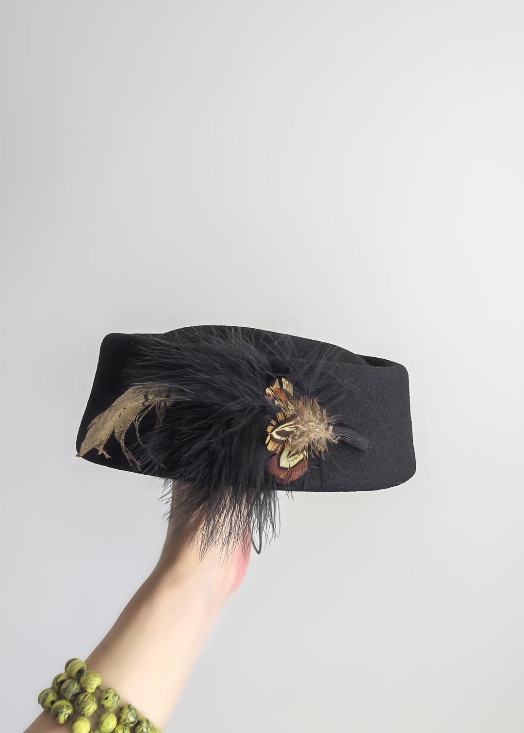English Black Wool Pillbox Hat Mini W/feather Trim Vintage Small Oval ...