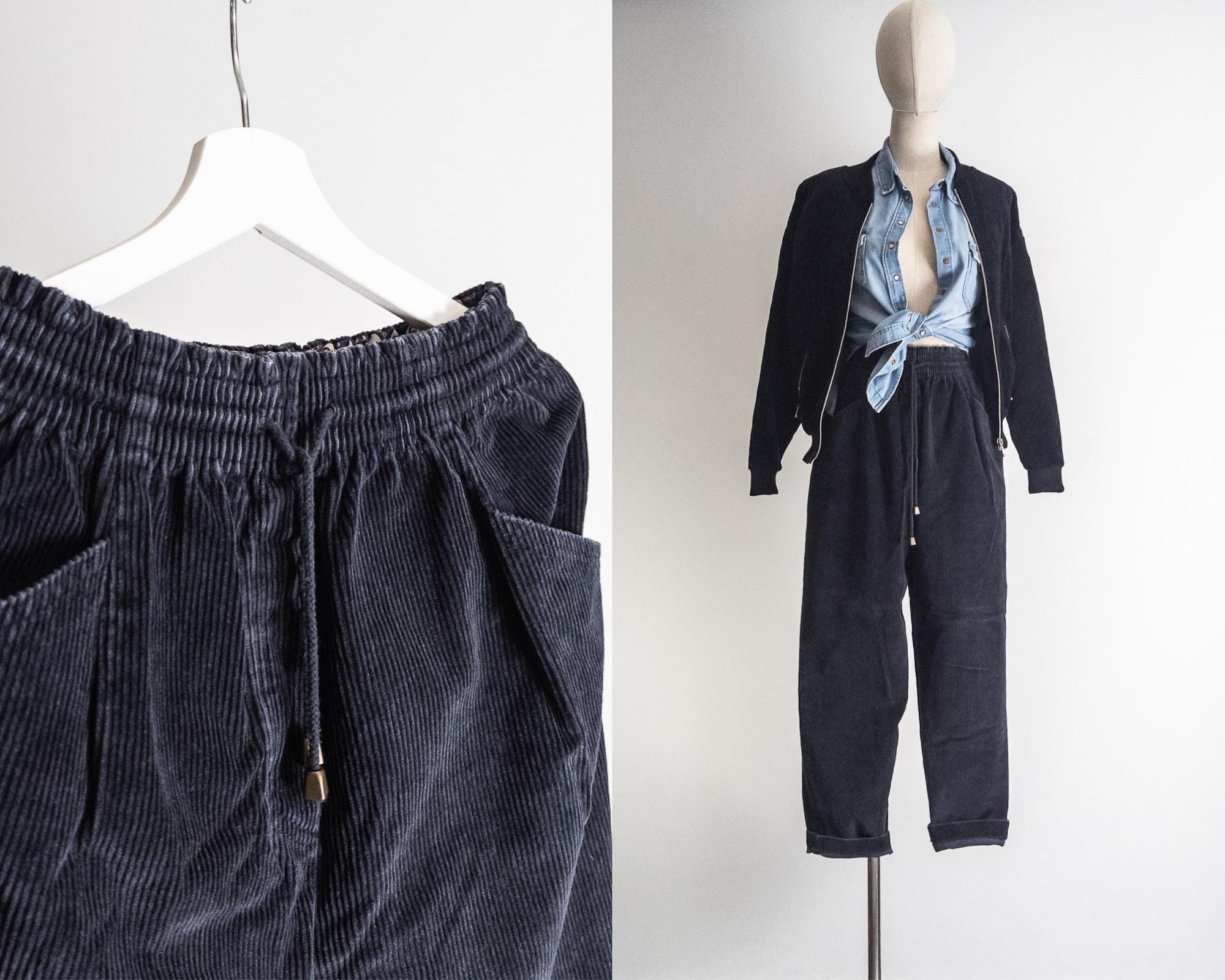 Vintage 1980s corduroy paperbag pants – charcoal black – women’s s/m ...