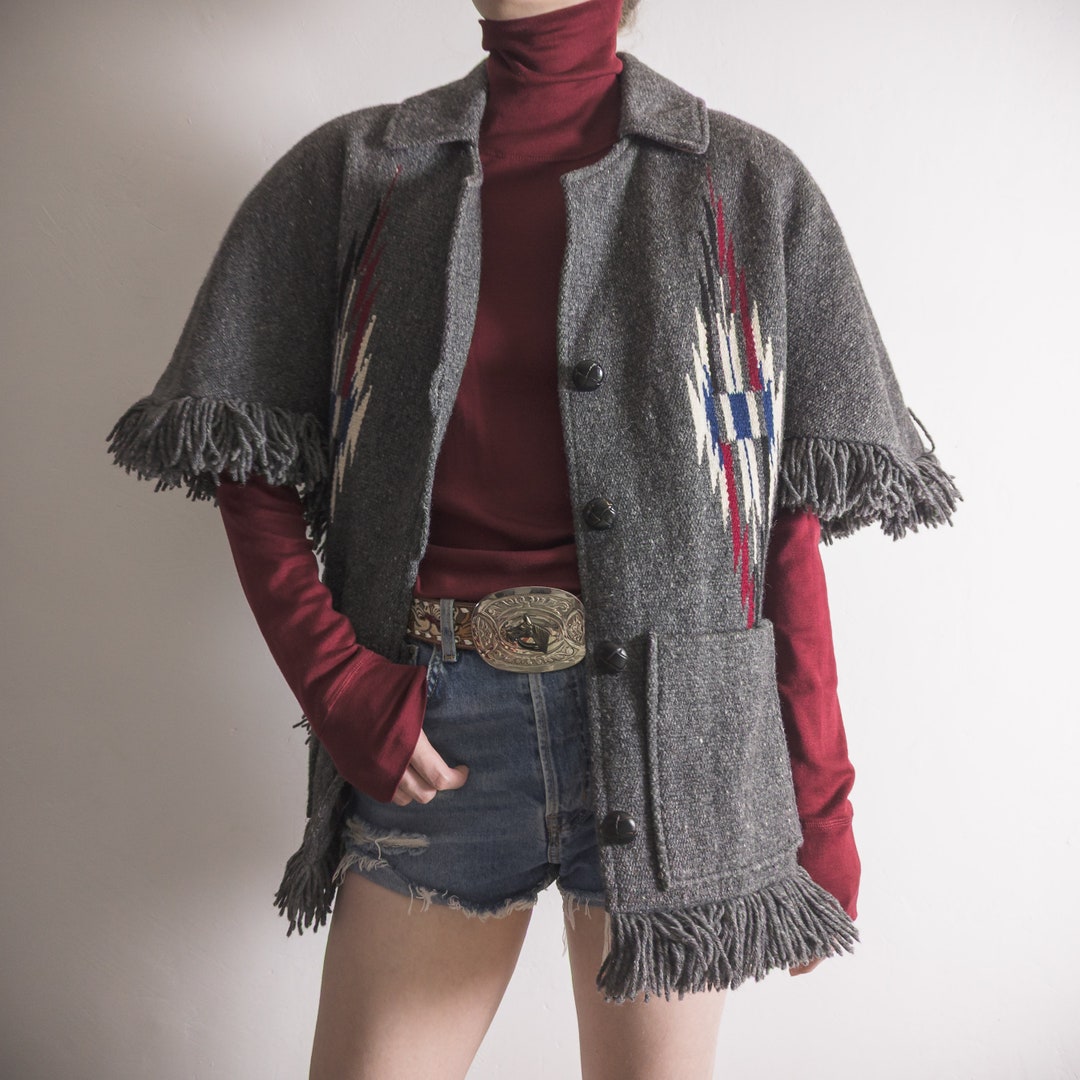 Chimayo Wool Poncho Blanket Cape Fringed Coat Vintage 70s Ortega's ...