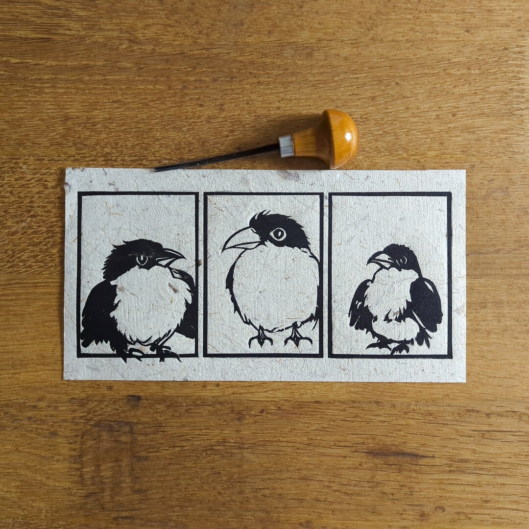 Black and White Baby Raven Crow Lino Cut Print Set of 3 Nature Prints ...