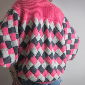 Checkered Knit Sweater Balloon Sleeve Knit Check Jumper Vintage Hand ...