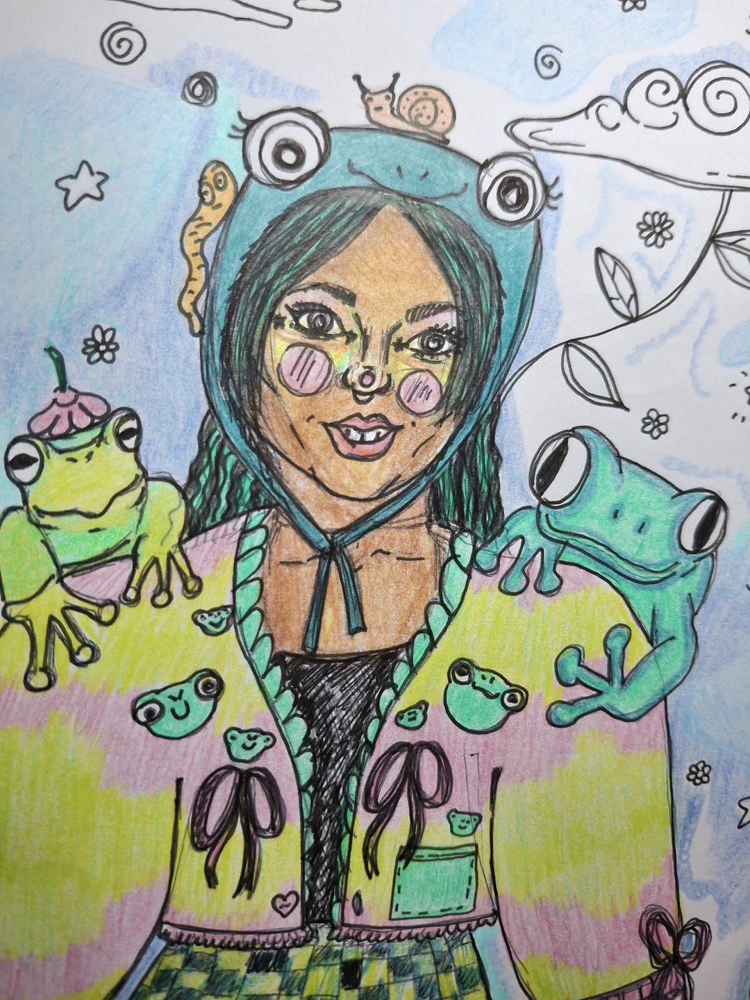Froggy Girl Drawing Colourful Pencil Art Original Silly Handmade ...