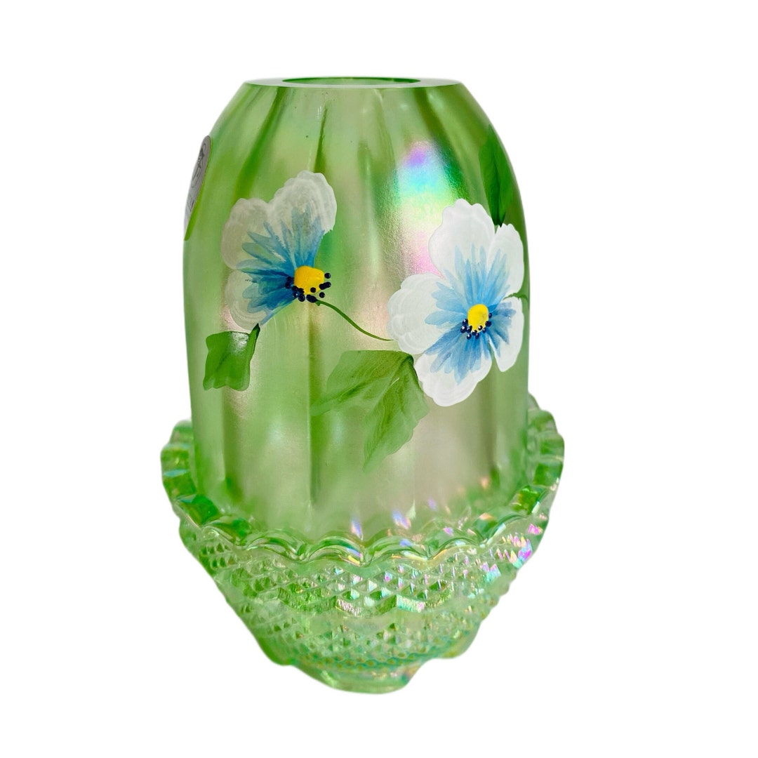 Fenton Hand Painted Signed Fairy Light , Fenton Green Apple Opalescent ...