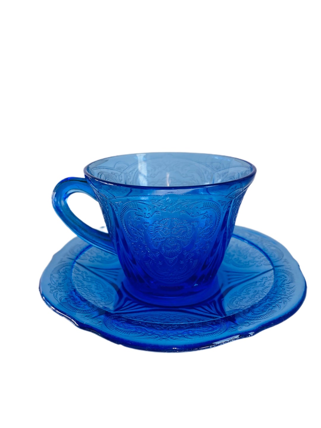 Hazel Atlas Royal Lace Tea Cups With Saucers / Cobalt Depression Glass ...