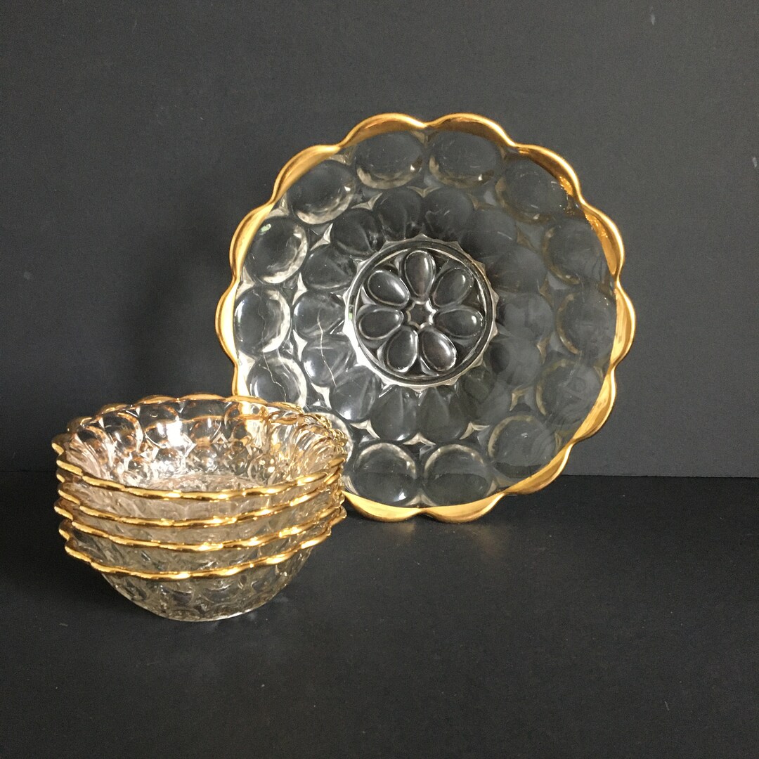 Jeanette Glass Thumbprint Dessert Bowl Set , Retro Crystal Thumbprint ...
