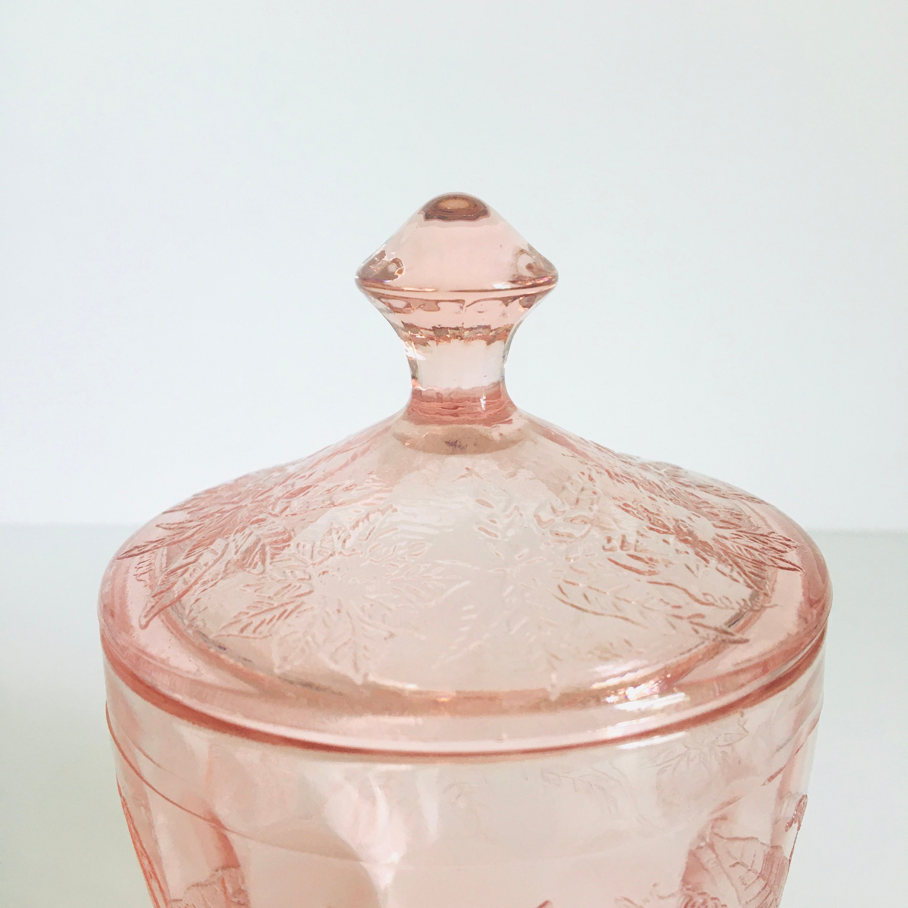 Jeanette Glass Pink Floral Candy Jar W/Lid Jeanette Pink | Etsy