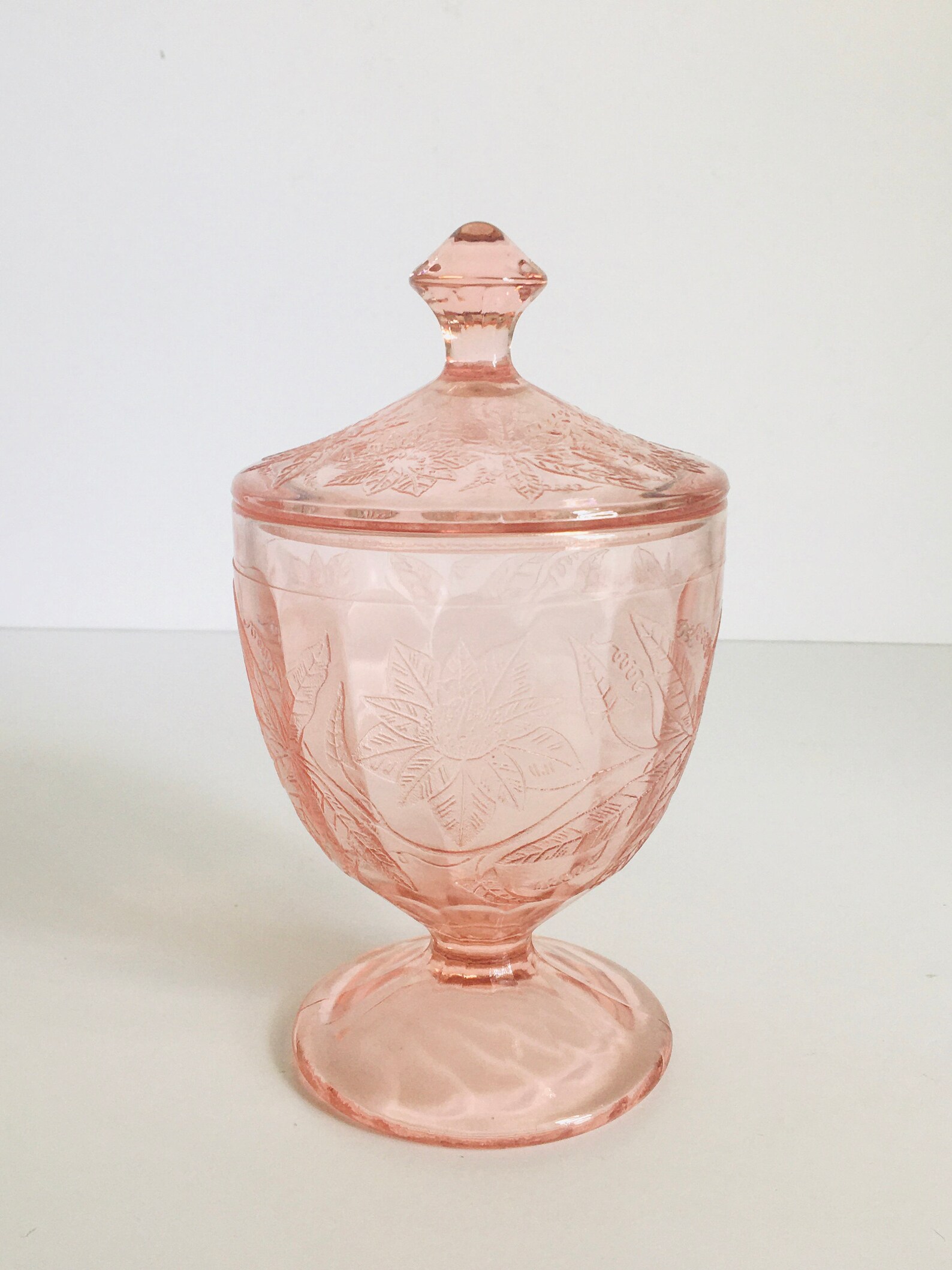 Jeanette Glass Pink Floral Candy Jar W/Lid Jeanette Pink | Etsy