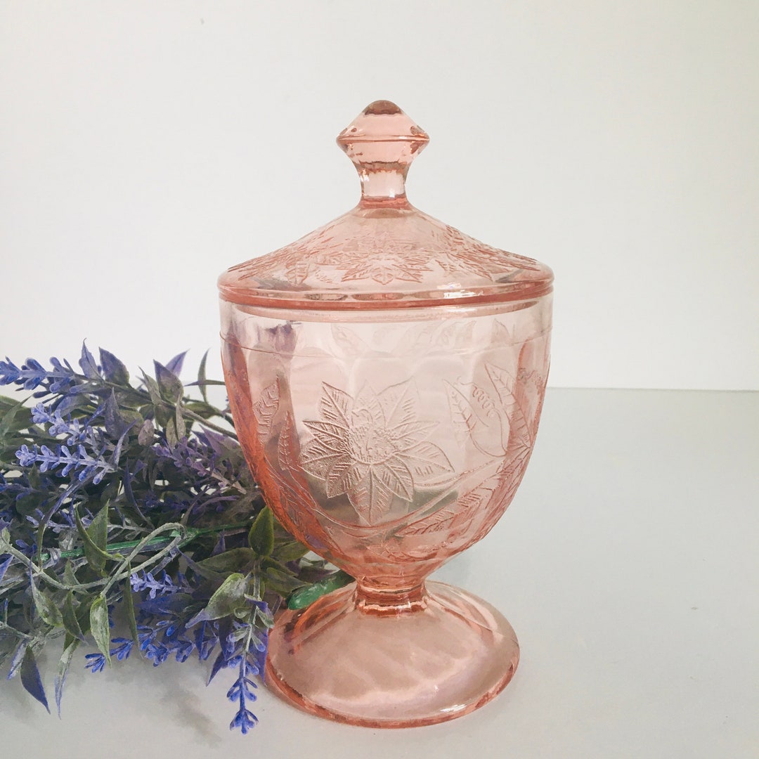 Jeanette Glass Pink Floral Candy Jar W/lid ,jeanette Pink Depression ...