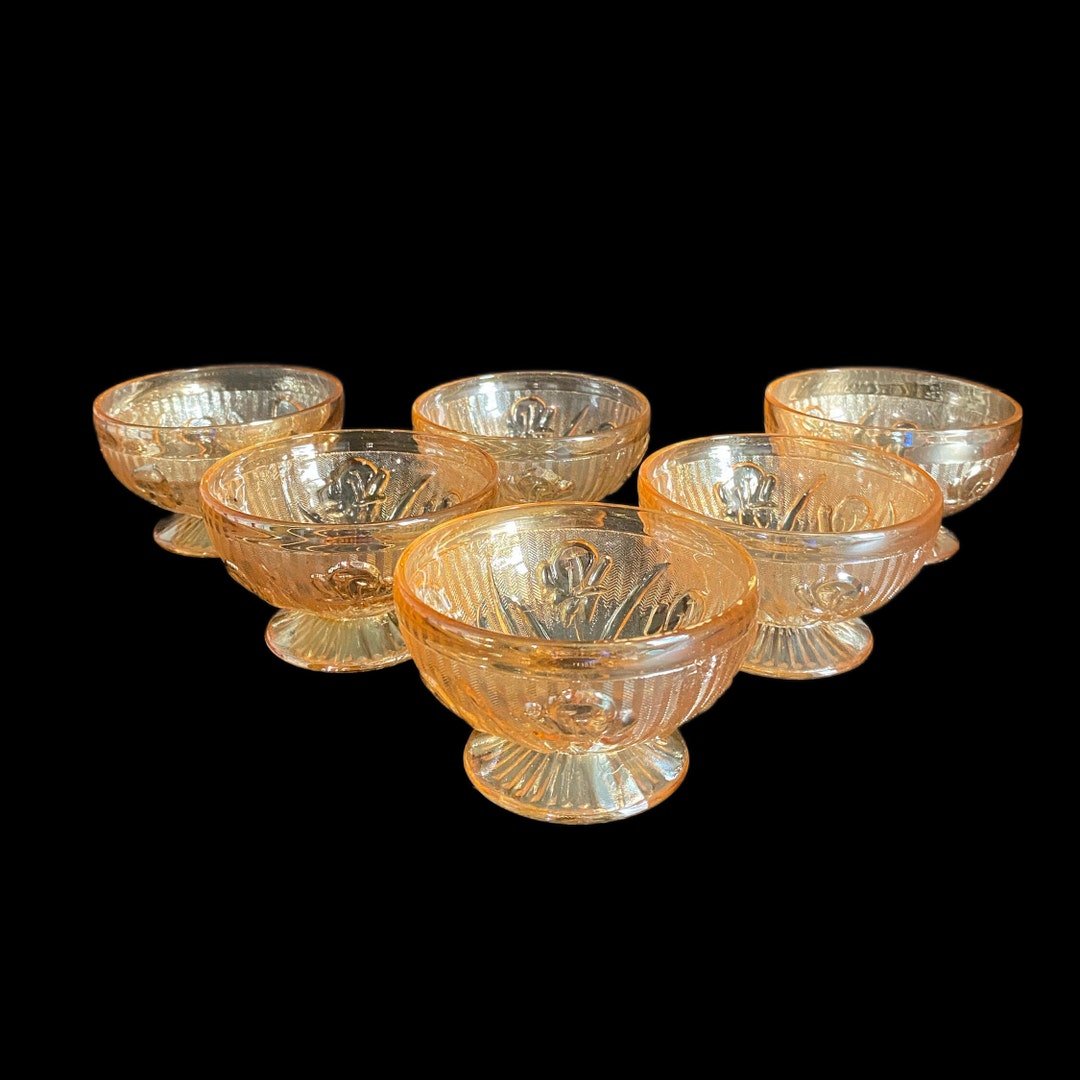Jeanette Glass Iris and Herringbone Sherbet Dishes , Iridscent Carnival Glass Iris Footed ...
