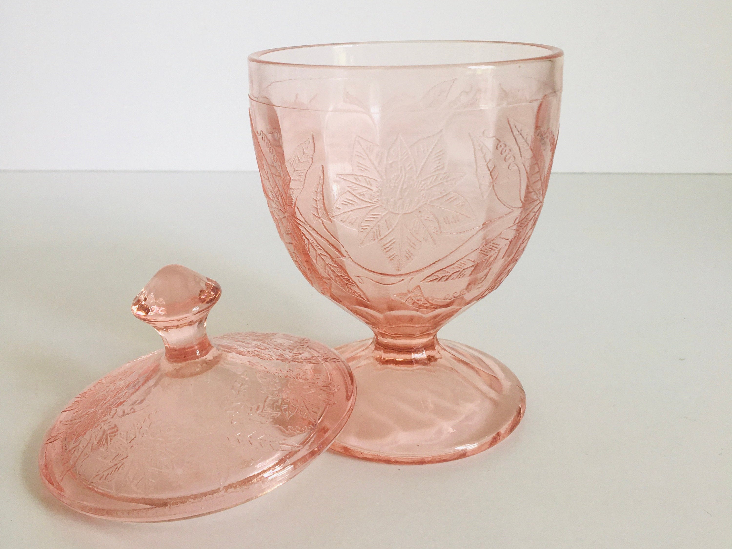 Jeanette Glass Pink Floral Candy Jar W/Lid Jeanette Pink | Etsy