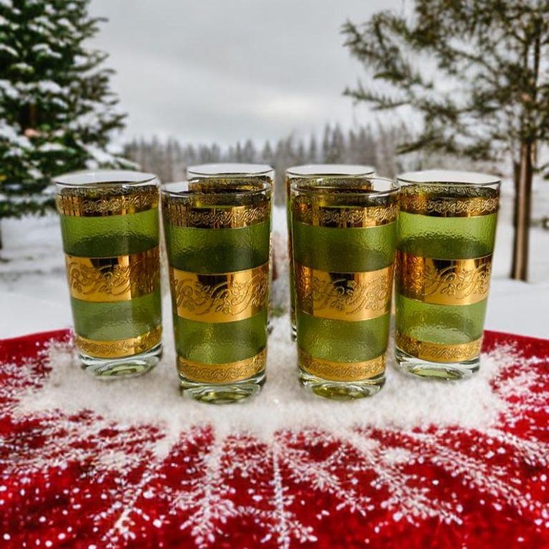 MCM Starlyte Barware Set: Lime Green Gold Leaf Cocktail Glasses, Gold ...