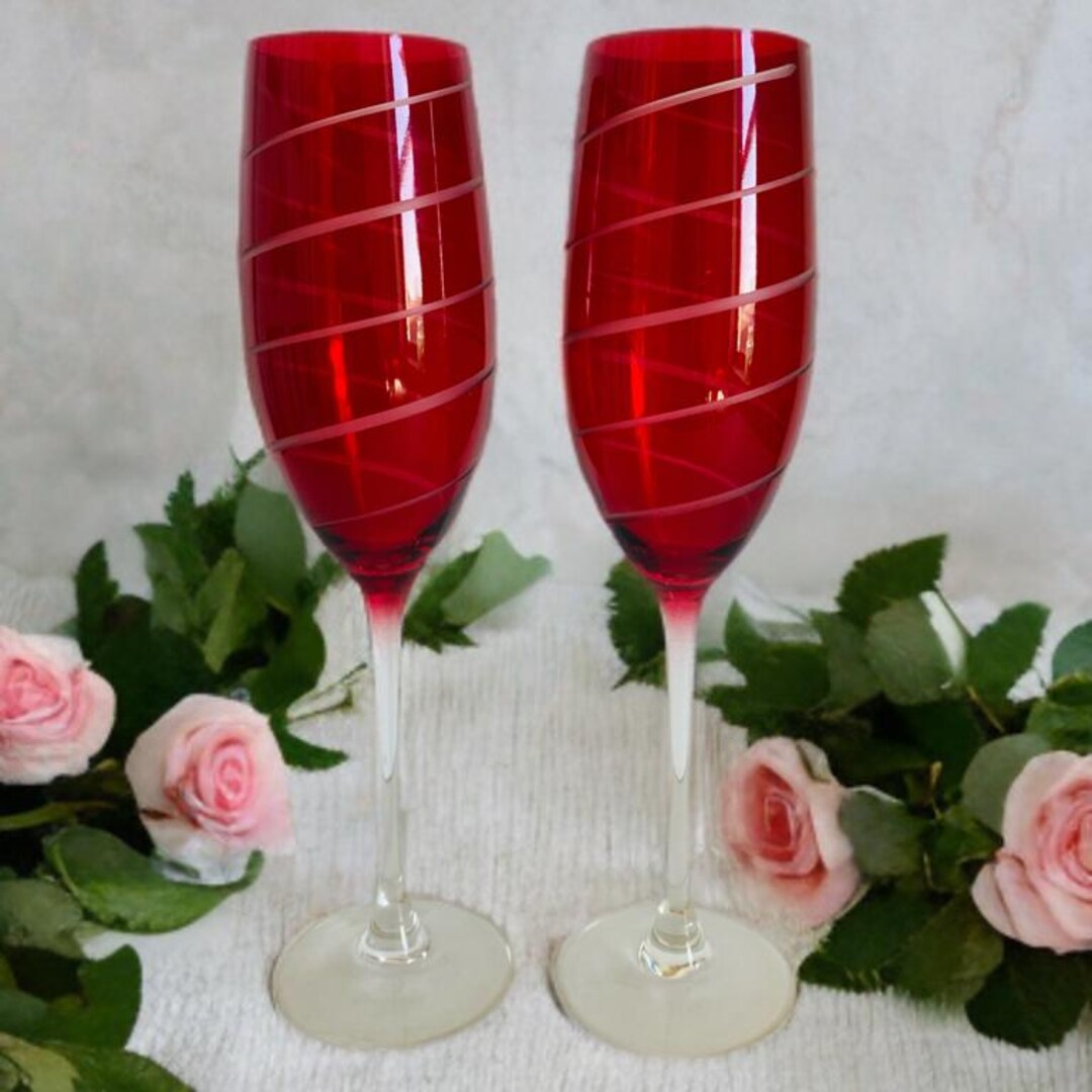 Pair of Ruby Red Flash Champagne Flutes , Vintage Red White Swirl ...